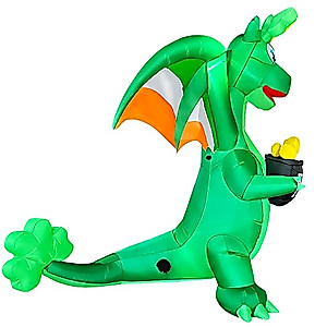 SEASONBLOW 7 Ft Inflatable St. Patrick's Day Dragon Holding a Pot of Gold Decoration with Shamrock Horn Irish Wings LED Blow Up Yard Decor for Lawn Yard Garden Indoor Outdoor Holiday Party