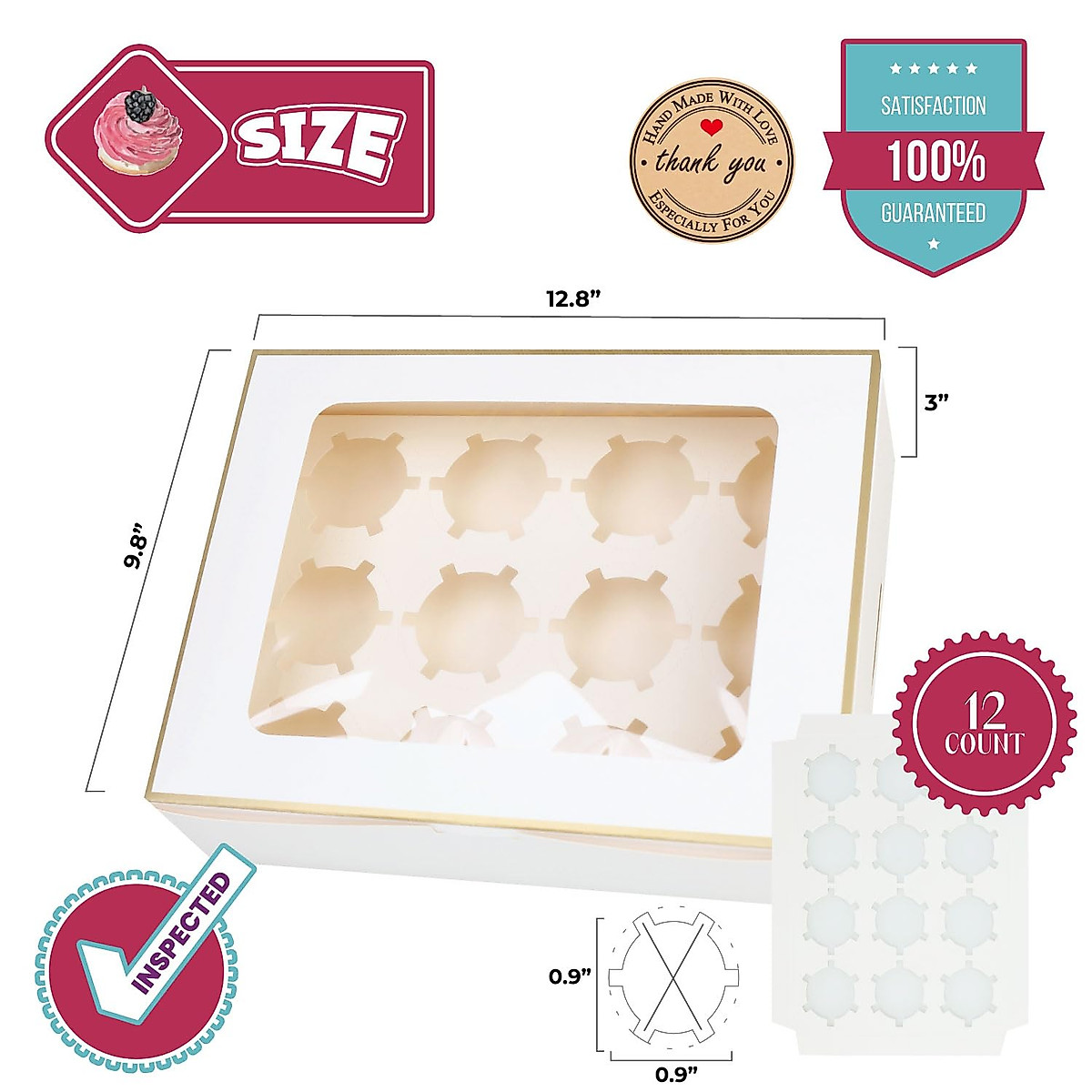 Gold-Trimmed Cupcake Boxes - 12 Count Cupcake Containers with Removable Inserts, Transparent Window Cupcake Holder (5 Pack)