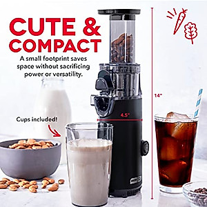 DASH Deluxe Compact Masticating Slow Juicer, Easy to Clean Cold Press Juicer with Brush, Pulp Measuring Cup, Frozen Attachment and Juice Recipe Guide - Black
