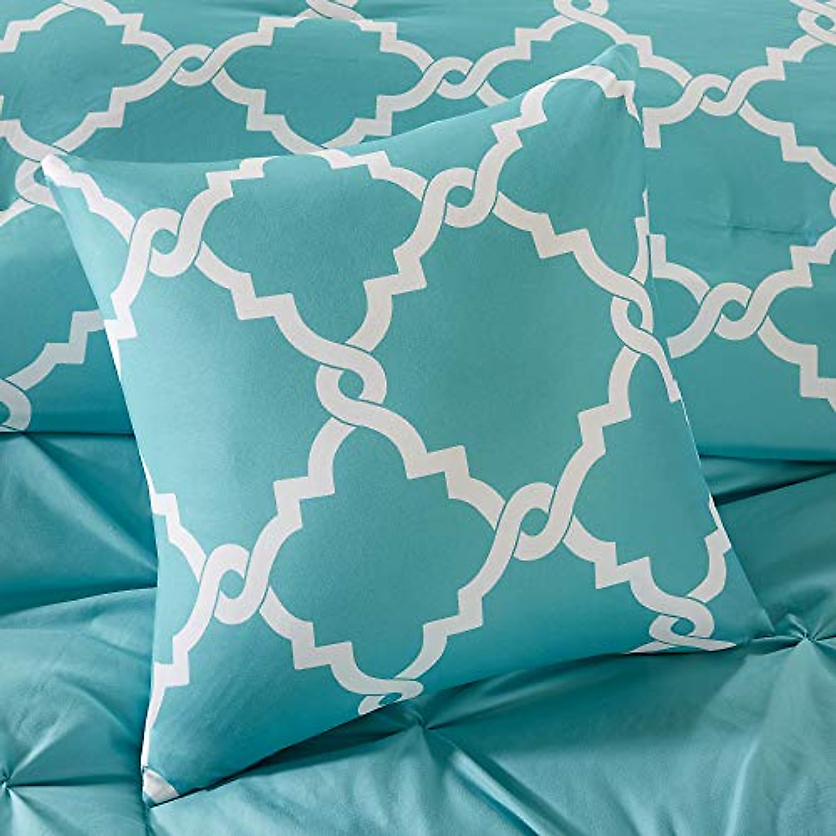 Madison Park Essentials Kasey Cozy Comforter Set - Fretwork Design, All Season Bedding with Matching Shams, Decorative Pillow, Queen (90in x 90 in), Diamond Aqua Comforter 5 Piece