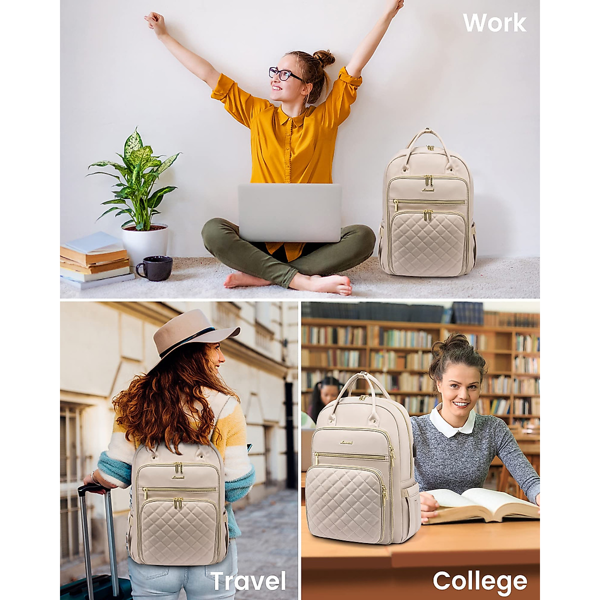 LOVEVOOK Laptop Backpack for Women, 15.6 Inch Computer Backpack for Teacher Nurse with Water Resistant, Lightweight Travel Work Backpack with USB Charging Port, Quilted Commuter Backpack purse, Beige