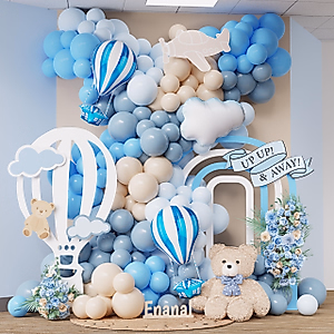 Enanal Up Up and Away Balloon Garland Arch Kit, 152pcs Dusty Slate Fog Baby Blue and Sand White Balloons with Hot Air Balloon and Cloud Foil Balloons for Baby Shower Decoration Teddy Themed Party