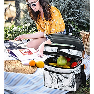 Large Insulated Lunch Bag Women Men Dual Compartment Reusable Lunch Box Soft Portable Leakproof Cooler Bag with Removable Adjustable Shoulder Strap (Marble)