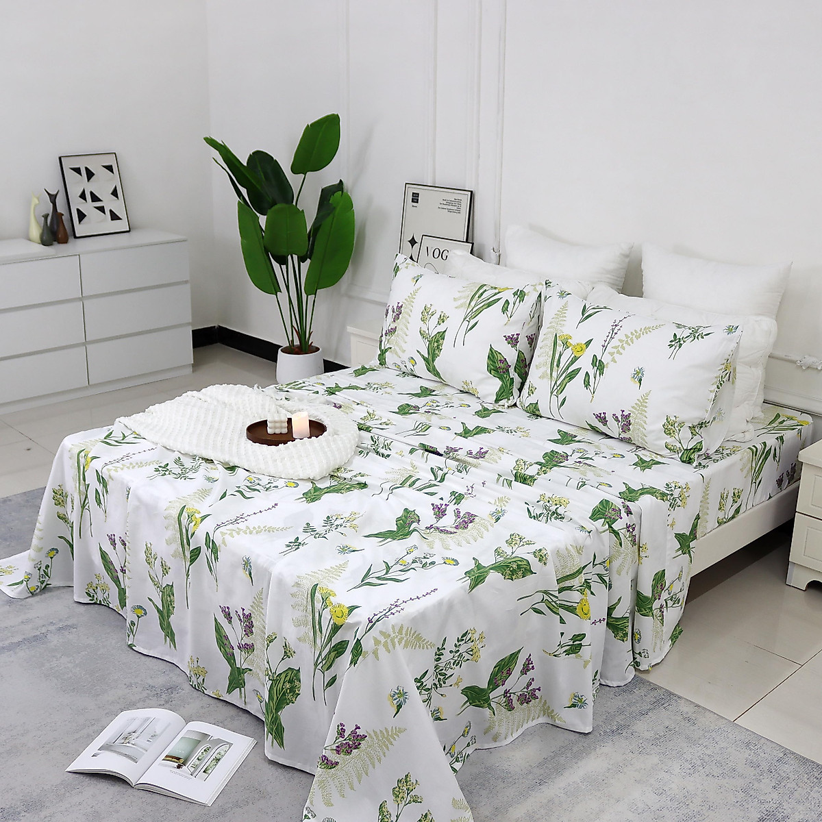 FADFAY California King Size Sheets Set Premium 100% Cotton Green Floral Bed Sheet Botanical Lavender Leaf Daisy White Deep Pocket Fitted Sheet Soft Shabby Sheets Pillowcases Set 4Pcs, Cal King