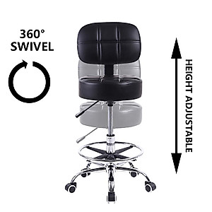 KKTONER Swivel Round Rolling Stool PU Leather with Adjustable Foot Rest Height Adjustable Task Work Drafting Chair with Back(Black)
