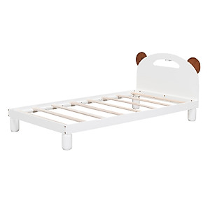 Rhomtree Twin Bed Frame with Bear Ears Shaped Headboard and LED,Wood Twin Size Platform Bed Frames with Headboard for Boy Girl Kids,No Box Spring Needed(White, Twin)