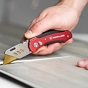 Berkling Utility Knife Blades Titanium Fully Plated 50-Pack With Dispenser, SK2H Laser Sharpened Hardened, Ultra 3X Sharper and 15X More Durable, Standard T-Shape for Most of Cutters & Knives