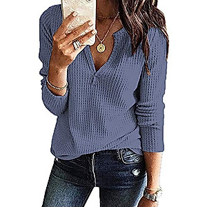 Womens V Neck Shirts Long Sleeve Waffle Knit Loose Fitting Warm Tee Tops Pullover Sweaters (Medium, Dark Blue)
