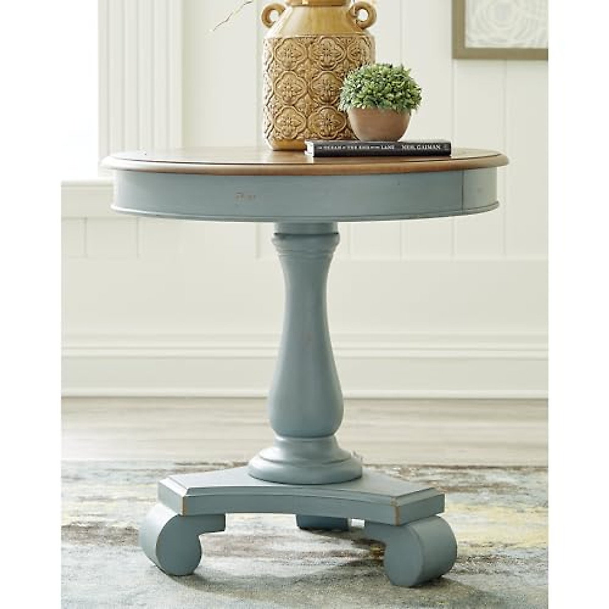 Signature Design by Ashley Mirimyn Farmhouse Round Accent Table, Teal & Brown