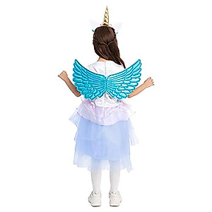 Spooktacular Creations Unicorn Princess Pageant Flower Girl Tutu Dress Rainbow Skirt with Headband and Wings for Kids (Blue, Small)