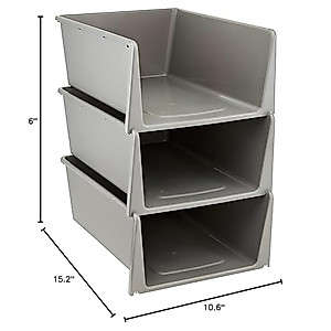 Organize Your Home Stackable Storage Containers with Open Front, 3 Pack, Great Organizing Bins for Pantry, Closet, Bedroom, and all Storage, Grey, 15.2” x 10.6” x 6.0”