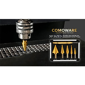 Step Drill Bit Set, 5 Pcs Titanium Coated High Speed Steel Step Drill Bits with 1 Pc Automatic Center Punch for Drilling Sheet Metal, DIY Project