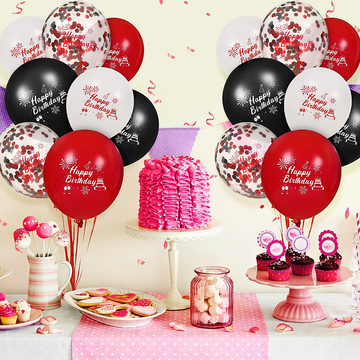 16 Pcs Red Black Confetti Latex Balloons, 12 Inch Red Black and White Happy Birthday Decoration Balloons for Red Black Themed Men Women Birthday Wedding Anniversary Graduation New Year Party Supplies