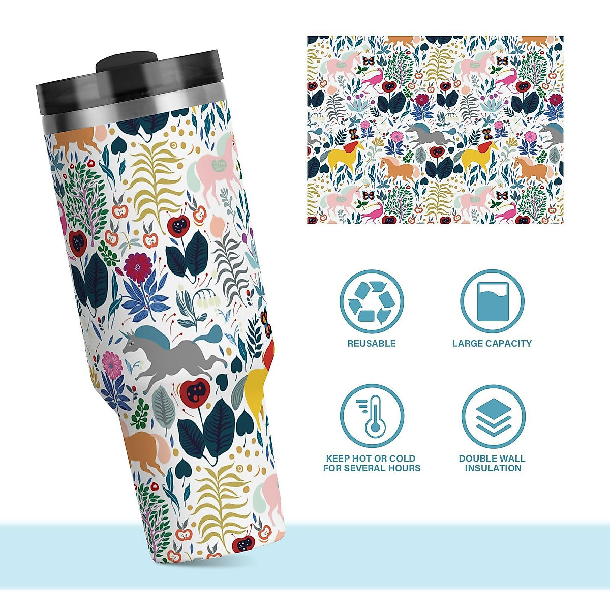 Yasala Car Tumbler with Handle Fairytale Forest Unicorn Travel Mug Coffee Cup Insulated Beverage Container Mega Cup for Hot Cold Drinking Thermos Water Bottle Cupholder Friendly 40 oz