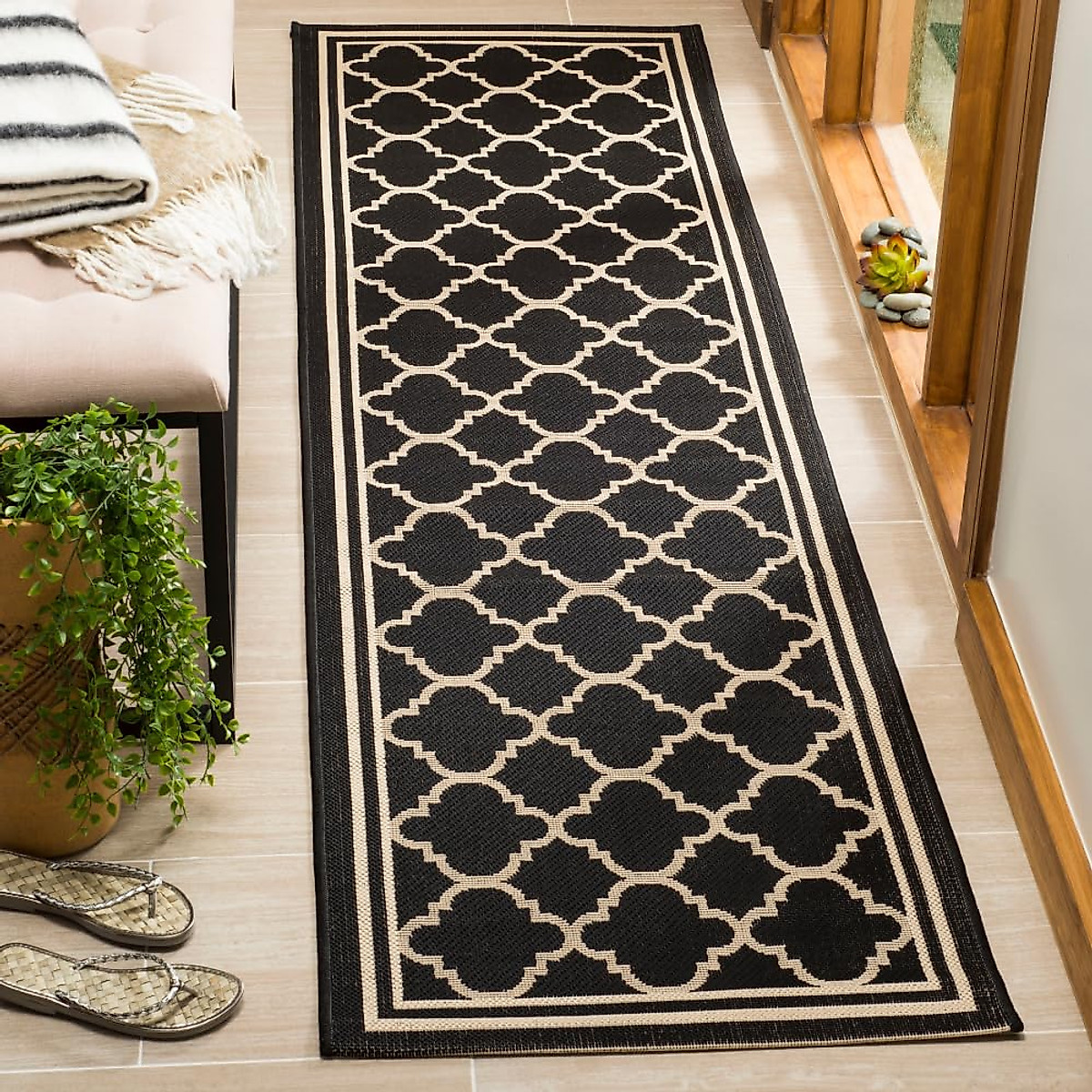 SAFAVIEH Courtyard Collection 2'3" x 12' Black/Beige CY6918 Trellis Indoor-Outdoor Waterproof Easy-Cleaning Patio Backyard Mudroom Runner-Rug