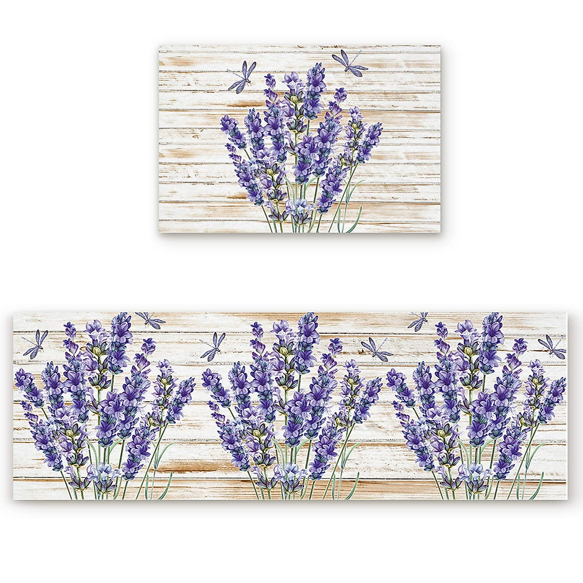 2 Pcs Kitchen Mats Runner Rug Set Anti Fatigue Standing Mat Rubber Backing Purple Lavender Dragonfly Print Washable Floor Mat Area Rug for Home/Office 19.7"x31.5"+19.7"x63"
