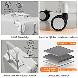 mixi Carry On Luggage 20'' Travel Suitcase Rolling Luggage Aluminum Frame PC Hardside with Spinner Wheels & TSA Lock - Smoke White