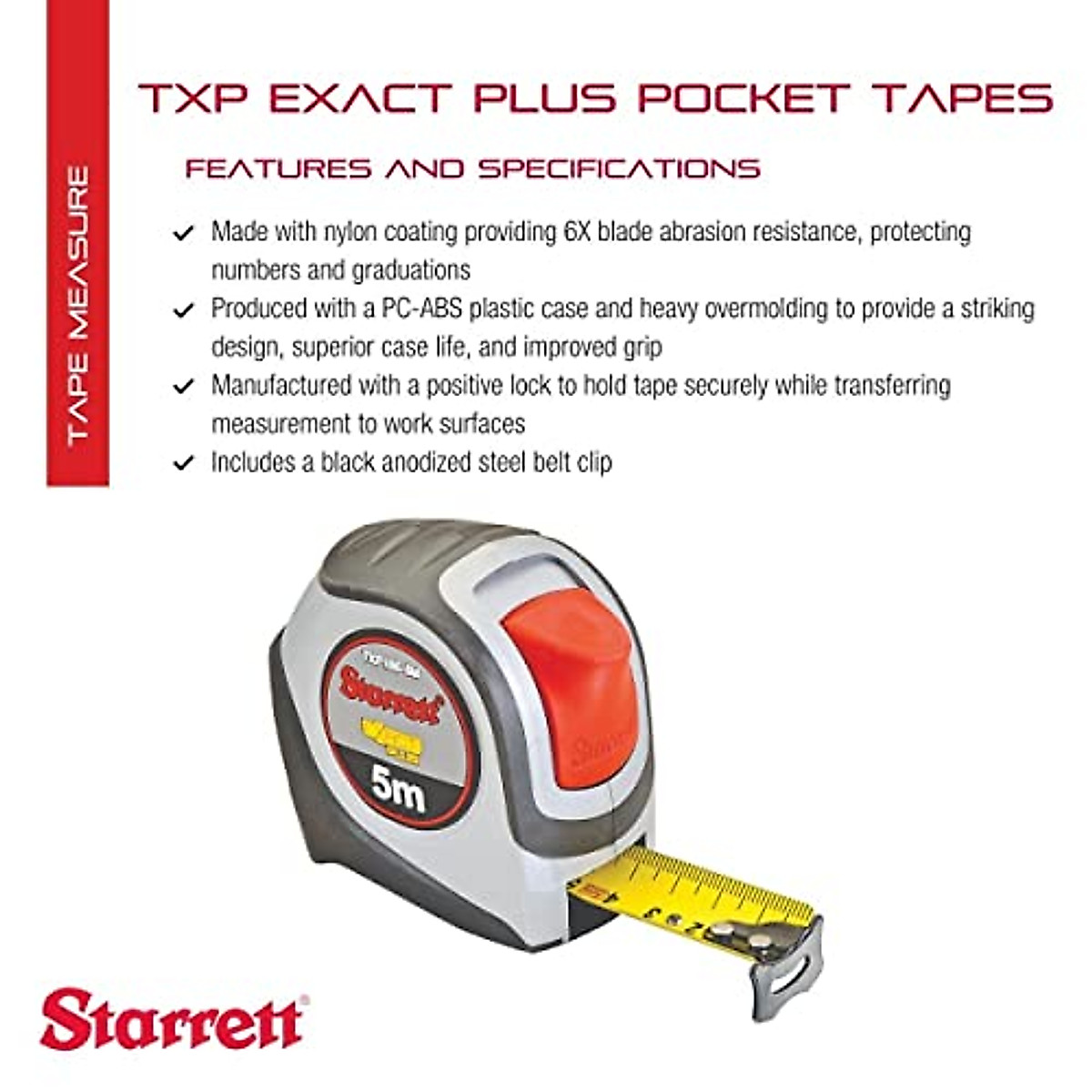Starrett Exact Plus Retractable Metric Pocket Tape Measure with Nylon Coating and Black Anodized Steel Belt Clip - 1.06" Width x 5m Length - KTXP106-5M-N