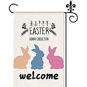 Easter Garden Flag, Double Sided Vertical Burlap Mini Flag for Garden Yard House, Happy Easter Outdoor Bunny Rabbit Welcome Small Flag, Farmhouse Outside Holiday Decorative Decoration, 12x18 Inch