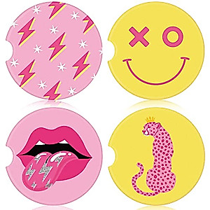 4 Pcs Preppy Car Coasters with Finger Notch Absorbent Ceramic Car Cup Holder Coasters Leopard Face Smile Cute Coasters Lip Lightning Bolt Car Drinks Coasters Auto Accessories for Women Men, 2.5 Inch