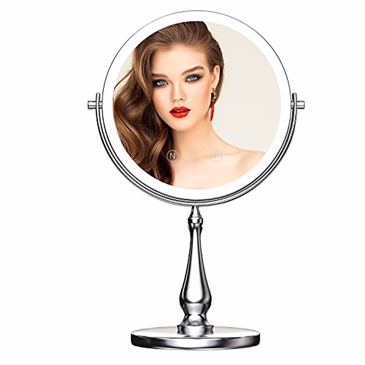 WIZCHARK 9" Large Lighted Makeup Mirror, 1X/10X Magnifying Vanity Mirror with 3 Colors Dimmable Lightning, 60 LED Lights, 360°Rotation Double Sided Standing Desk Mirror