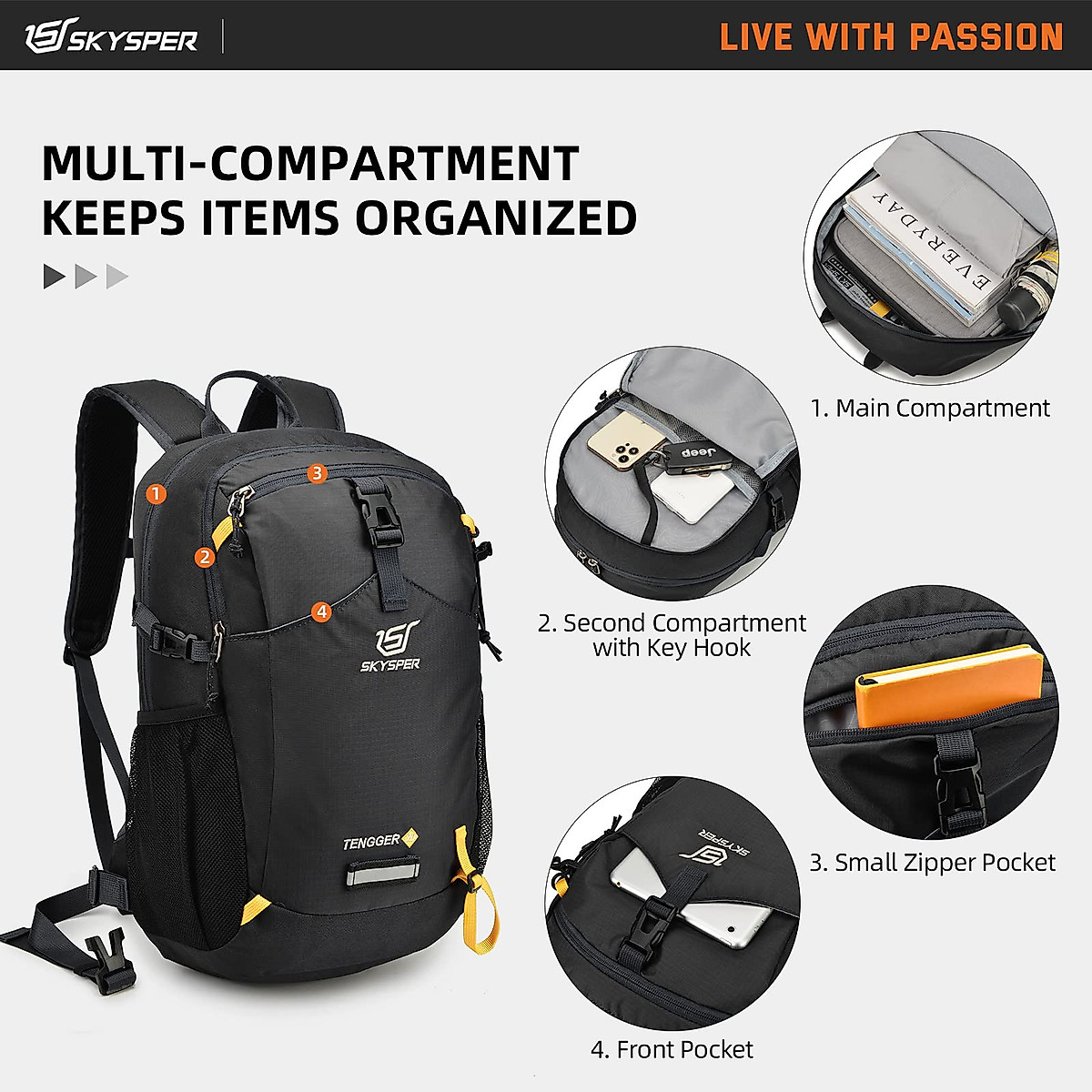 SKYSPER Small Daypack 20L Hiking Backpack Lightweight Travel Day Pack with Waist Strap for Women Men(Black)