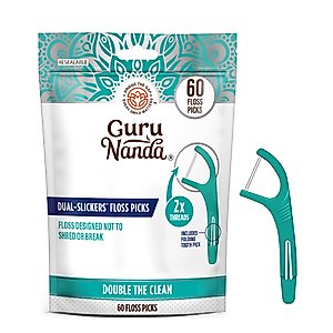GuruNanda Dual Slickers Floss Picks - Double Threaded Dyneema Dental Floss with Foldable Toothpick for Effective Plaque Removal - Unflavored- 60 Ct