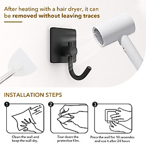 Self Adhesive Hooks,Heavy Duty Stick On Wall and Door Hooks for Hanging,Bathroom Towel Hooks and Kitchen Hallway Sticky Black Hooks,Coat Hooks Robe Hook Wall Mounted,Stainless Rustproof,4 Pack