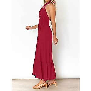 ZESICA Women's 2023 Summer Crossover Halter Neck Sleeveless Plaid Cut Out Backless Flowy A Line Maxi Dress,Red,Medium
