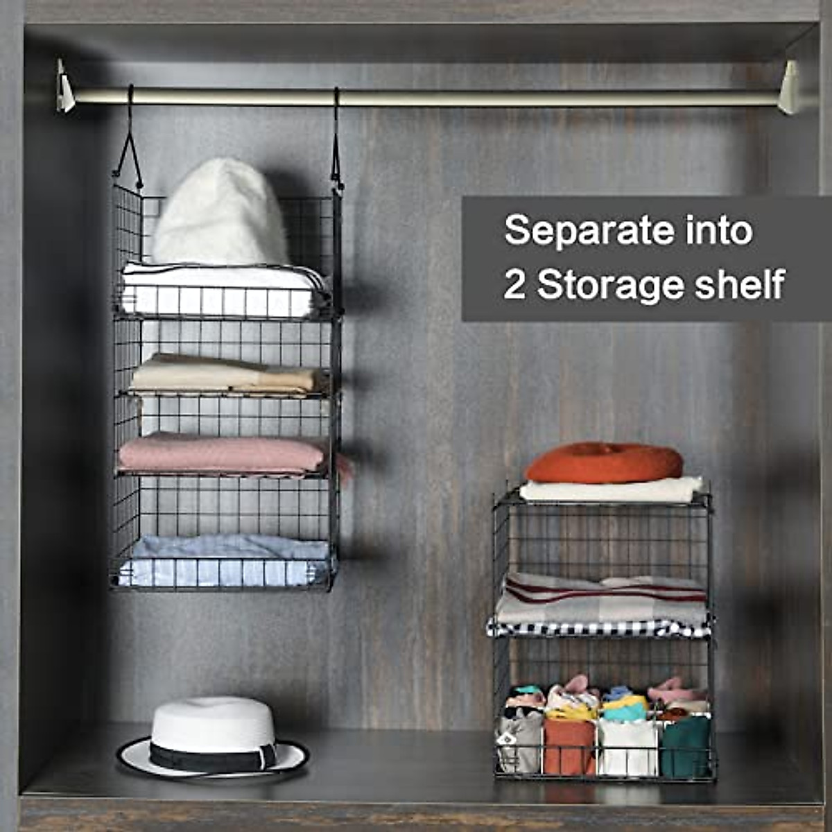 Yuyetuyo 7-Shelf Adjustable Hanging Closet Organizer, Wall Mount Clothes Shelves with 6 Adjustable Dividers for Socks Clothing Sweaters Shoes Handbags,Black