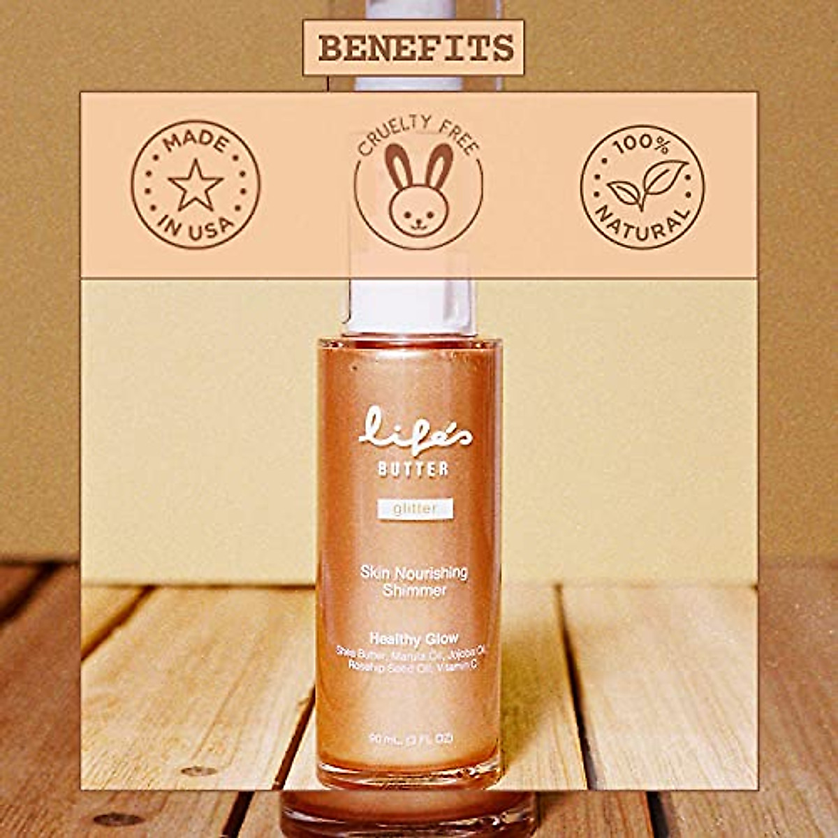 Life's Butter Face & Body Shimmer Healthy Waterproof Moisturizing Glow | Shea Butter, Marula Oil, Jojoba Oil and Vitamin C | Glistening Bronze | 3 fl oz