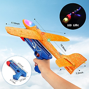 ROJAJIS 17.5" Large Airplane Toys Launcher Set, LED Foam Glider, Catapult Plane Toys for Boys 2 Flight Modes Outdoor Flying Toy for Boys Birthday Gifts for Girls Boys 13 12 11 10 9 8 7 6 5 4 Year Old