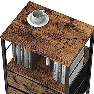 YBING Nightstand Bedroom End Table with 2 Drawers and Open Shelf Wood Industrial Bedside Table with Fabric Storage for Bedroom Living Room Sturdy Dorm Brown