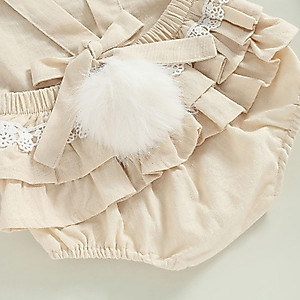 Infant Baby Girl Easter Outfits Short Sleeve Romper Bunny Bodysuit Pompom Jumpsuit Backless Onesie + Hat (D-Light Khaki, 3-6 Months)