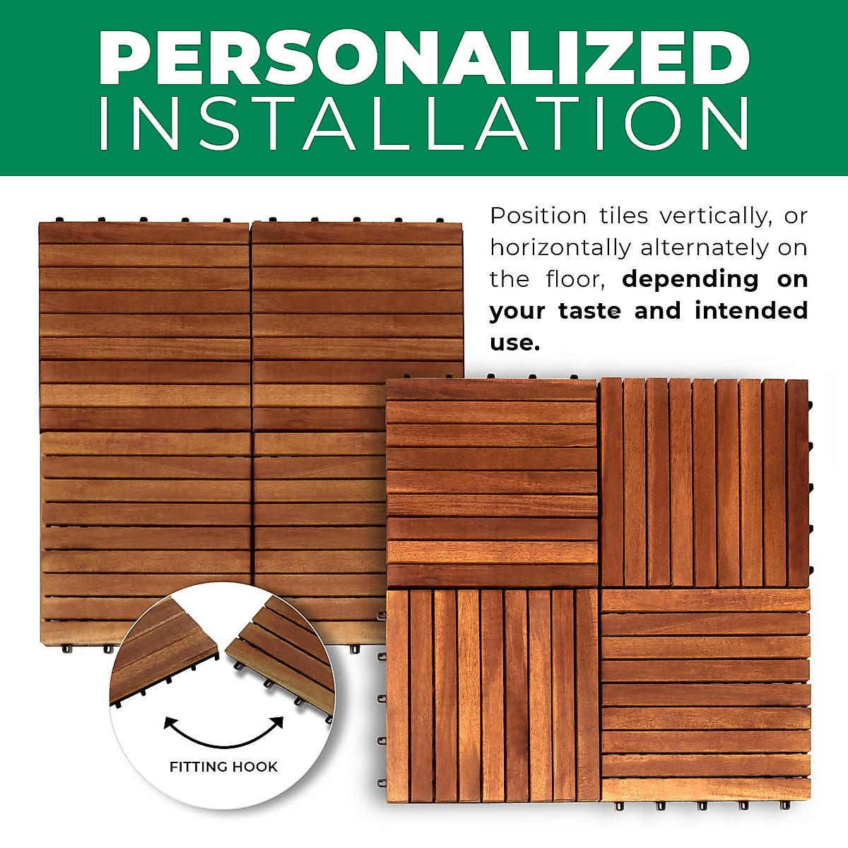 Solid Wood Interlocking Flooring Tiles (Pack of 10, 12" x 12"), Solid Wood Deck Tiles Interlocking, Patio Tiles Outdoor Interlocking Waterproof All Weather (12, 9 Slat)