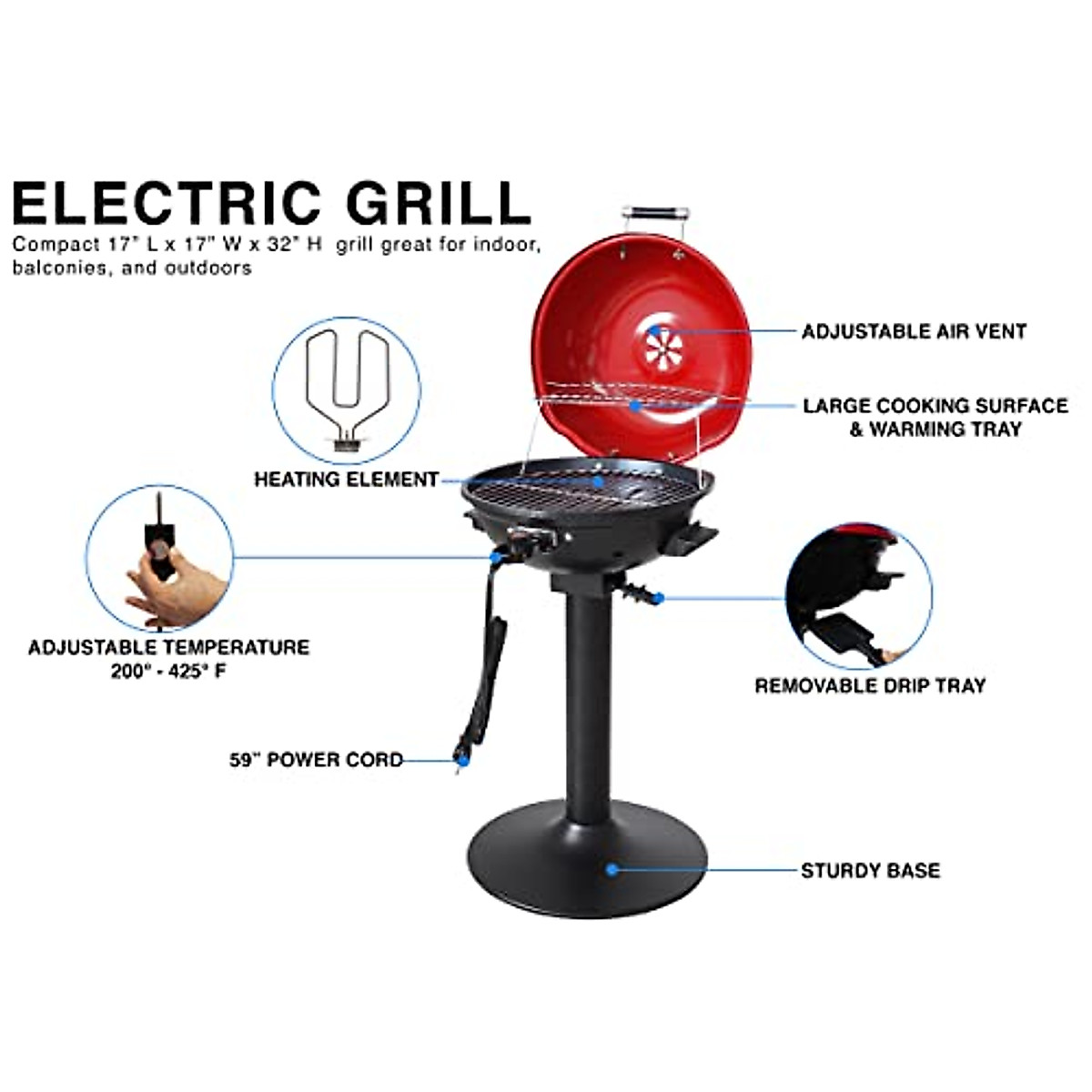 Homewell Electric BBQ Grill for Indoor & Outdoor Grilling with Warming Rack - Portable Patio Grill 1600 Watts (Red)