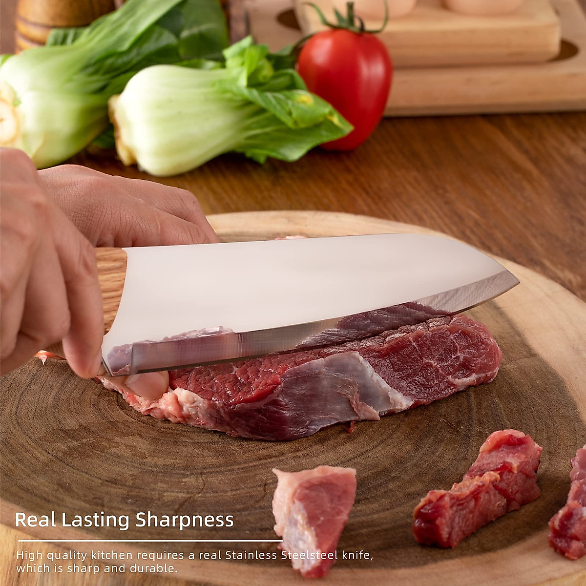 feng&feng 8-Inch Chef's Knife - Stainless Steel Blade, Wood Handle, Three Rivets - Sharp, Durable Kitchen Knife