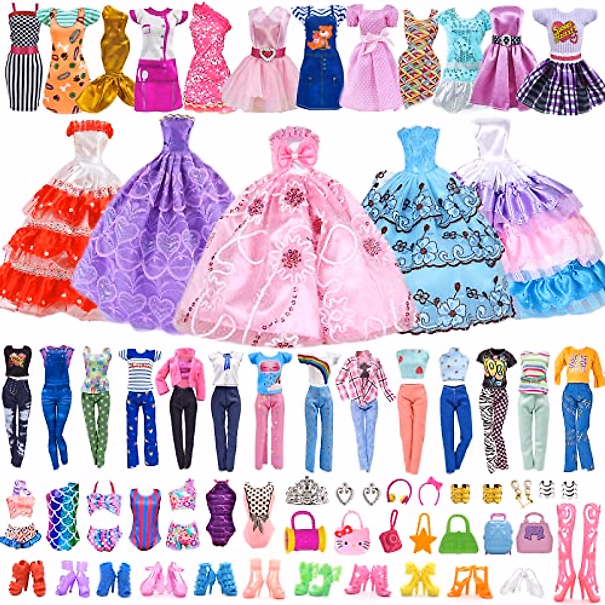 50 Pcs Doll Clothes Outfit for 11.5 Inch Doll, Doll Accessories Collection with 3 Princess Dresses+10 Dressest+6 Tops+6 Pants+5 Bikinis+5 Accessories+5 Bags+10 Shoes(Random Style)