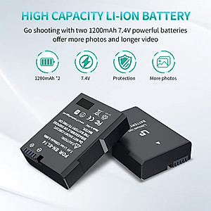 LP EN-EL14 EN EL14a Battery Charger Pack, 2-Pack 1200mAh Battery & Dual Slot Charger, Compatible with Nikon D3100 D3200 D3300 D3400 D3500 D5100 D5200 D5300 D5500 D5600 DF P7000 P7100 P7700 P7800