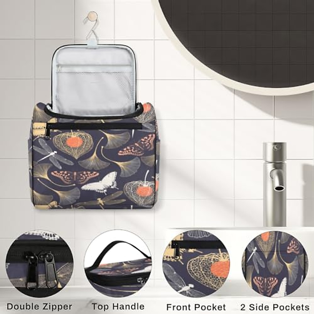 XMNYGJ Dragonfly Butterfly Leaf Hanging Toiletry Bag for Men Women Travel Cosmetic Makeup Organizer Bag Water Resistant Large Portable Wash Case for Accessories, Toiletries, Cosmetics