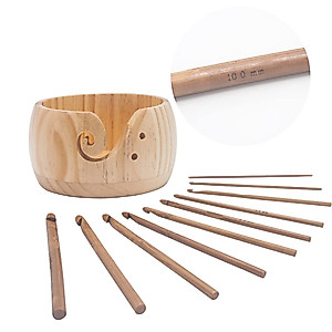 LAMXD Wooden Yarn Bowl with 12 pcs Bamboo Handle Crochet Hook,Wool Storage Handmade Crochet Kit Organizer,Skein Storage Bowl - Knitting & Crochet Yarn Storage Bowls & Accessories(Buff)