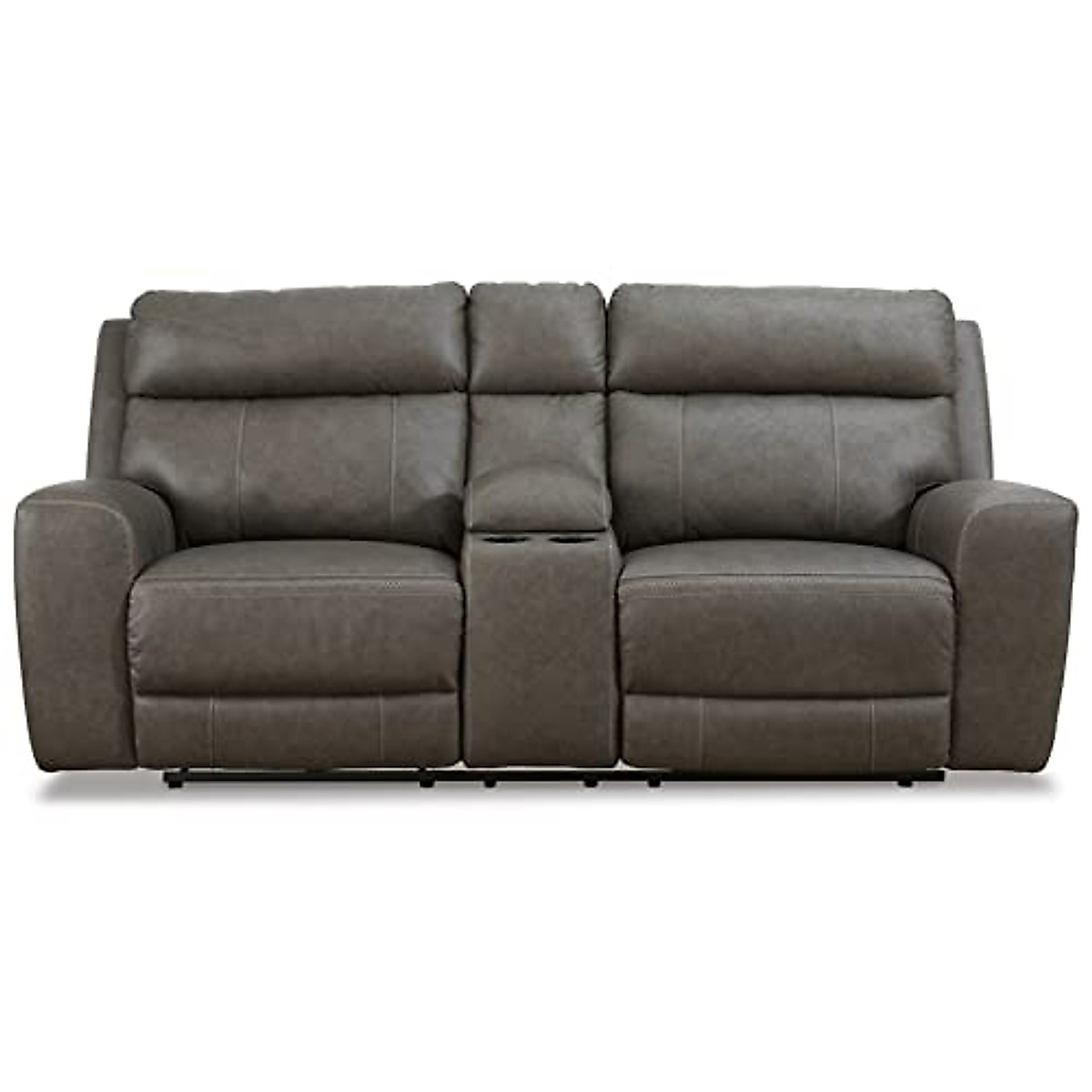 Signature Design by Ashley Roman Contemporary Tufted Leather Power Reclining Loveseat with Console and Adjustable Headrest, Gray