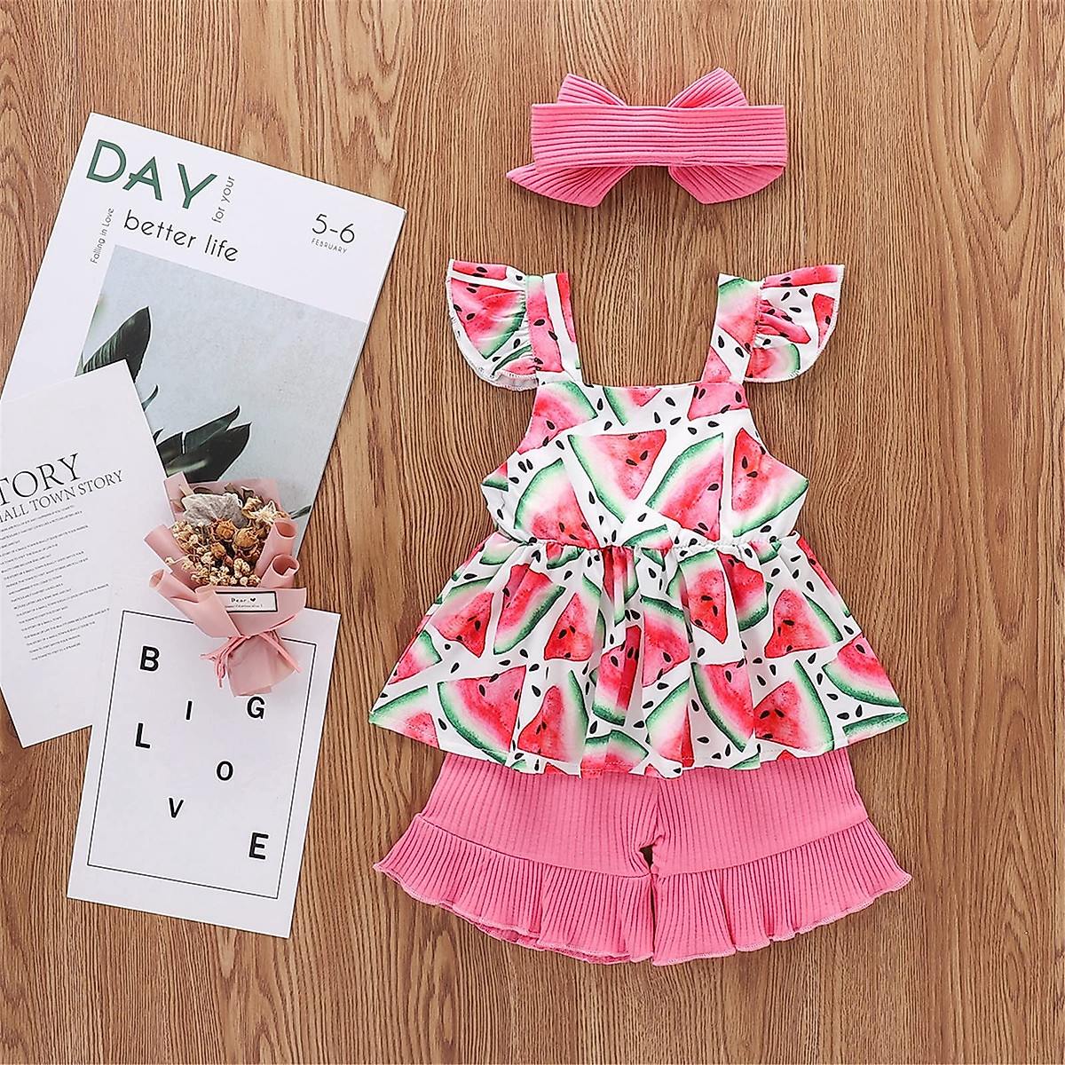 Dimoybabe Toddler Baby Girl Summer Clothes Knit Cotton Outfits Infant Short Set Sleeve Ruffle Ribbed Clothing Watermelon Red 2-3T 100CM