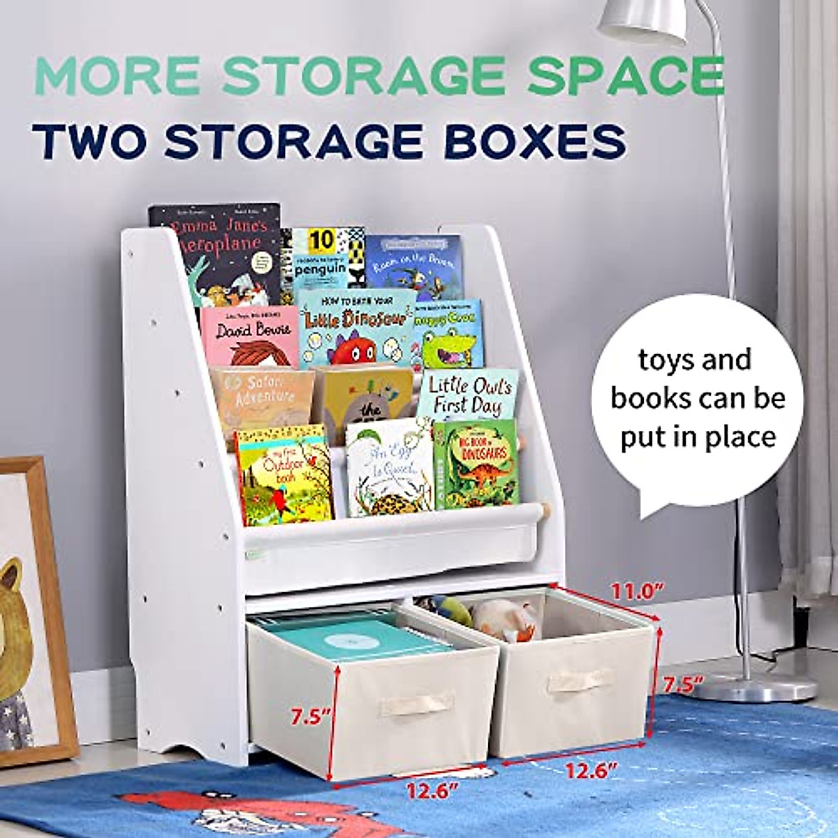 MallBest Childrens Bookshelf Kids Sling Book Rack with Two Storage Boxes and Toys Organizer Shelves Natural Solid Wood Baby Bookcase