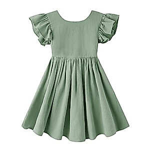 LYXIOF Toddler Baby Girl Cotton Linen Summer Dress Ruffle Sleeve Back Bowknot Kids Beach Dresses Green 90CM