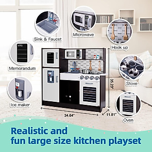 TOOKYLAND Wooden Kitchen Set for Kids, Wooden Chef Play Kitchen for Toddler 3-5 with sink,oven,range Hood,stove,ice maker and microwave, Kids Kitchen Playset for Toddlers 4-8