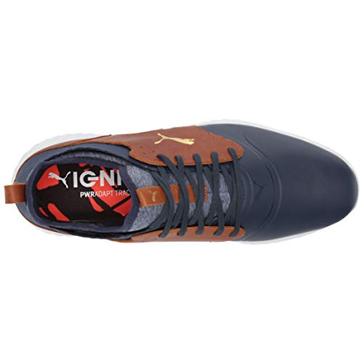 PUMA mens Ignite Pwradapt Caged Crafted Golf Shoe, Peacoat-leather Brown-puma Team Gold, 9.5 US