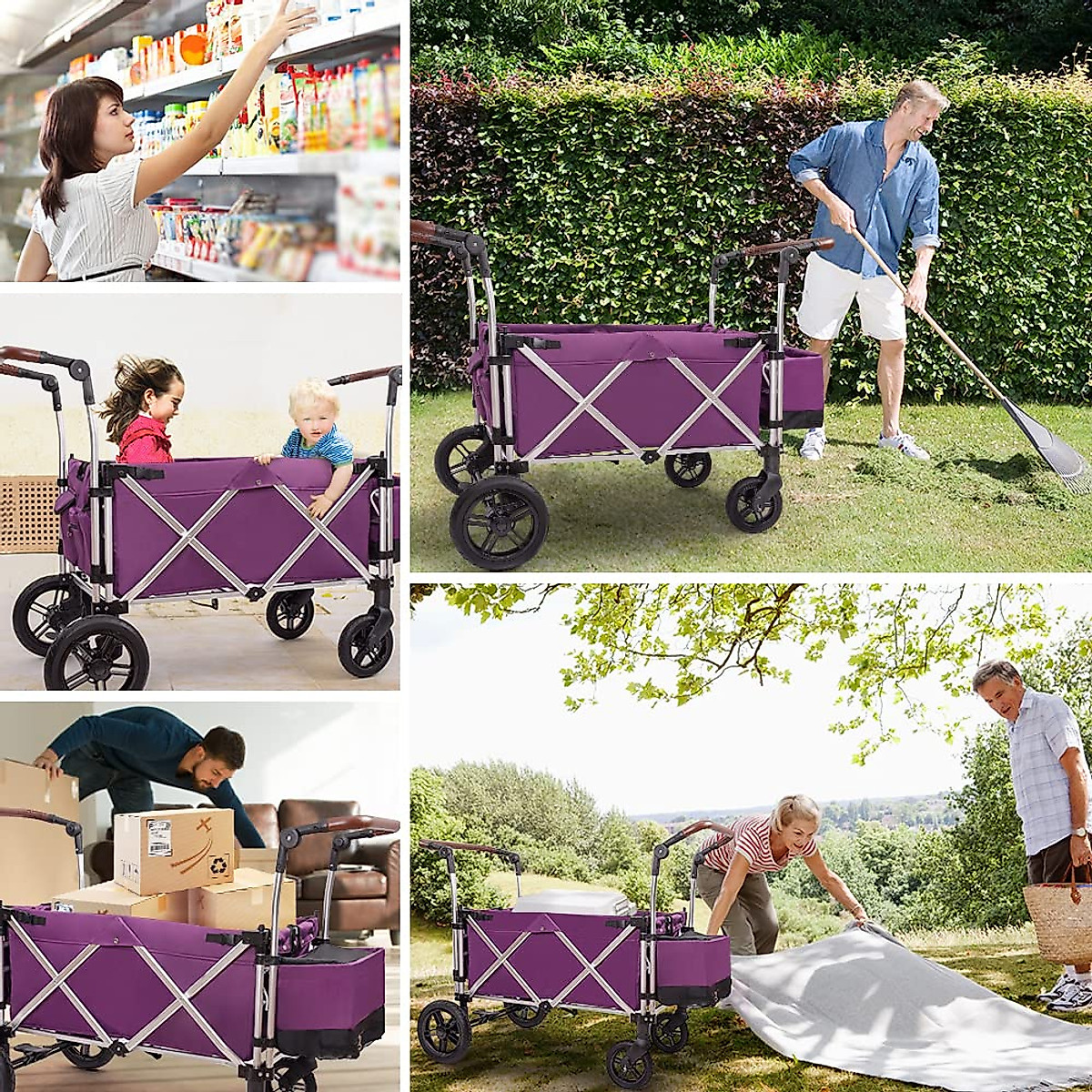 Unichart Push Wagon Stroller 2 Passenger Flodable Baby Stroller with Adjustable Handle Bars, Rain Cover, Carrying Bags & Basket, Double Seats with 5-Point Harness(Large, Purple)