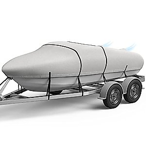 RVMasking 600D Heavy Duty Waterproof Trailerable Boat Cover with Storage Bag Fits Bass Boat, V-Hull, Runabout, Fish&Ski, Tri-Hull, Marine Grade Boat Cover Length: 17’-19’, Beam Width up to 96”