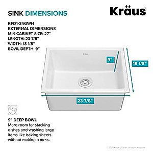 KRAUS Turino™ 24” Drop-In Undermount Fireclay Single Bowl Kitchen Sink with Thick Mounting Deck in Gloss White, KFD1-24GWH